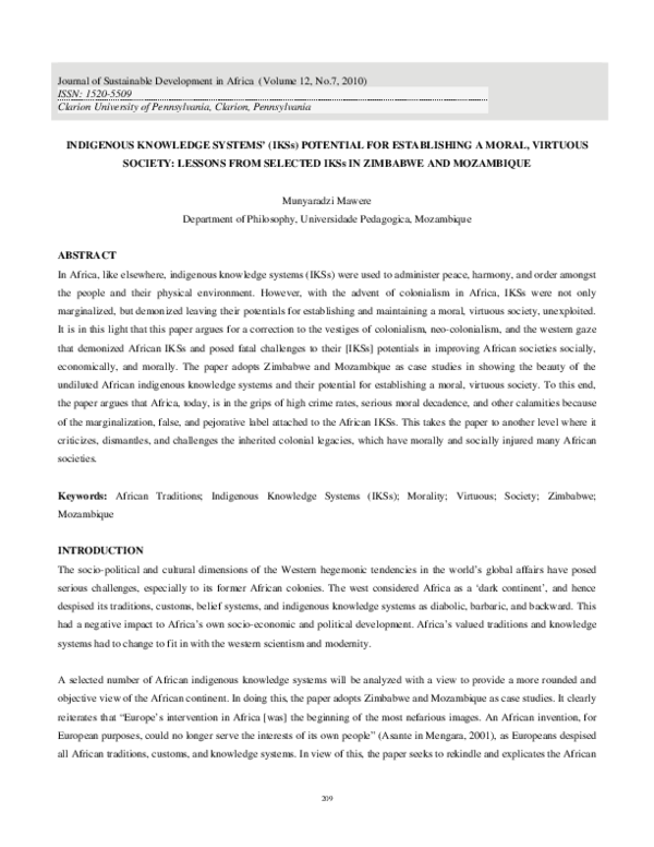 (PDF) INDIGENOUS KNOWLEDGE SYSTEMS' (IKSs) POTENTIAL FOR ESTABLISHING A ...