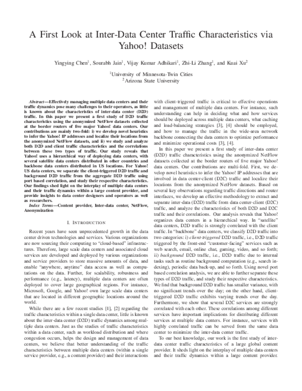Pdf A First Look At Inter Data Center Traffic Characteristics Via Yahoo Datasets