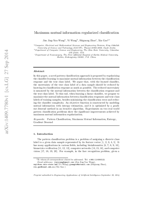 (PDF) Maximum mutual information regularized classification