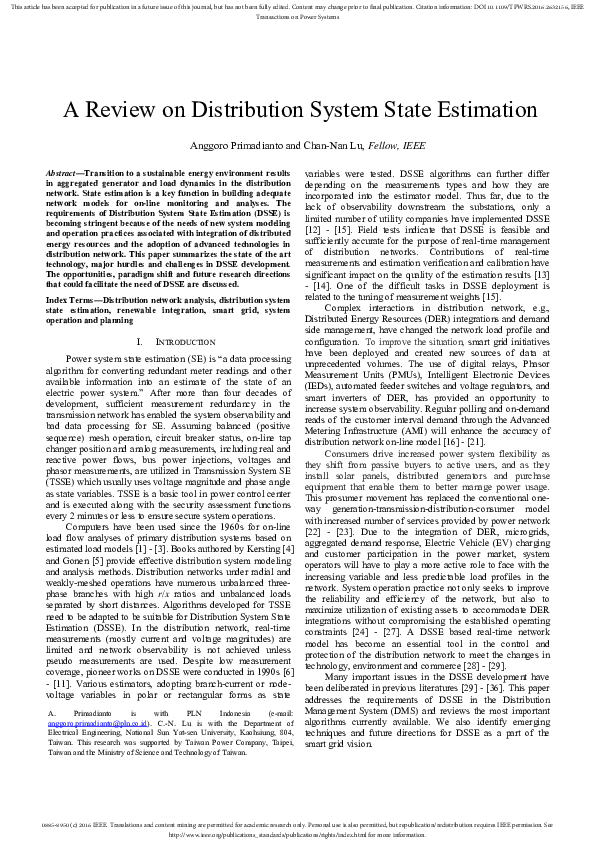 Pdf A Review On Distribution System State Estimation Techniques