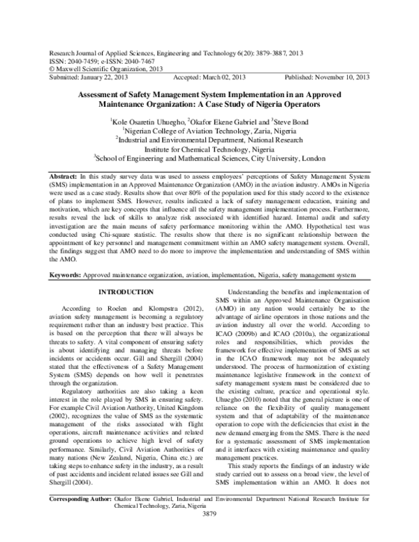 (PDF) Assessment of Safety Management System Implementation in an ...