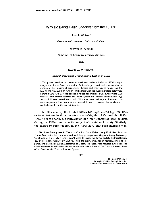 (PDF) Why Do Banks Fail? Evidence from the 1920s