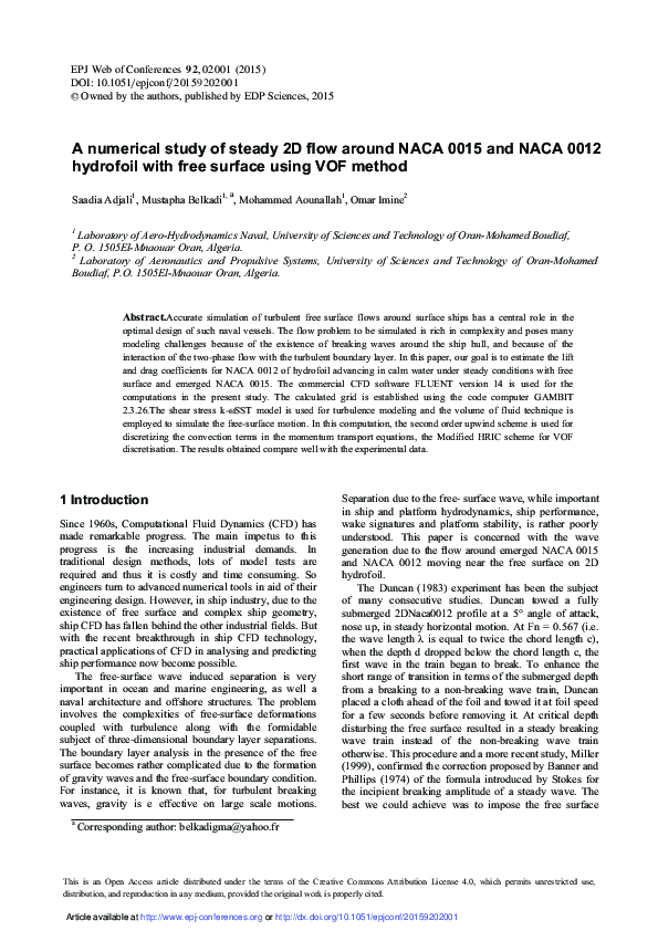 (PDF) A numerical study of steady 2D flow around NACA 0015 and NACA 0012 hydrofoil with free ...