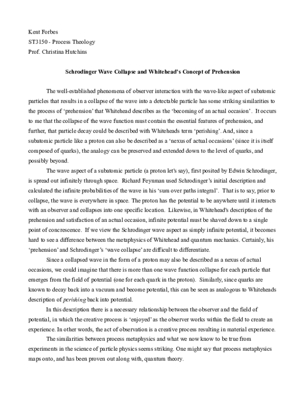 (PDF) Schrodinger Wave Collapse and Whitehead's 'Prehension'