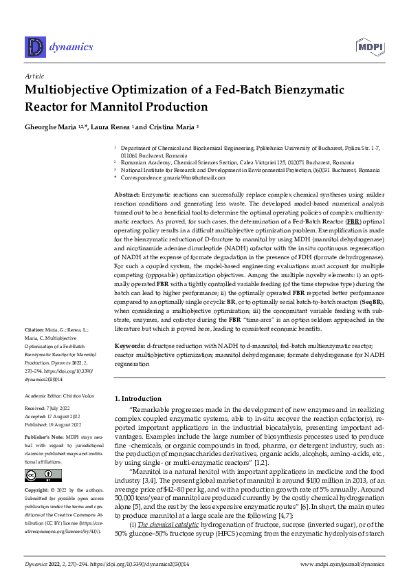 Pdf Multiobjective Optimization Of A Fed Batch Bienzymatic Reactor For Mannitol Production