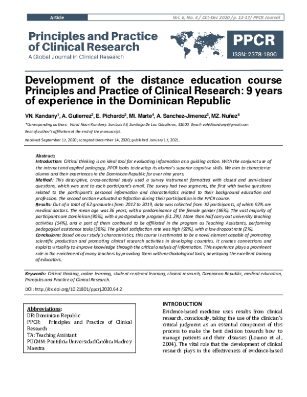 (PDF) Development of the distance education course Principles and Practice of Clinical Research ...