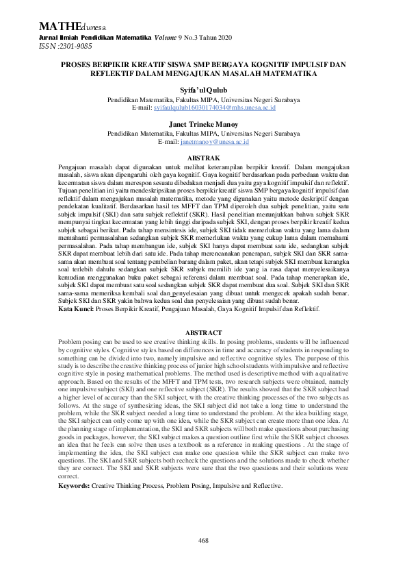 (PDF) Proses Berpikir Kreatif Proses Berpikir Kreatif Siswa SMP Bergaya Kognitif Impulsif dan ...