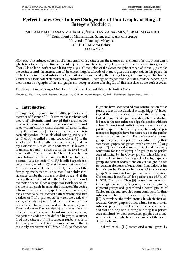(PDF) Perfect Codes Over Induced Subgraphs of Unit Graphs of Ring of ...