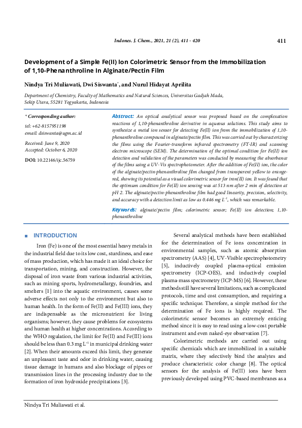 (PDF) Development of a Simple Fe(II) Ion Colorimetric Sensor from the ...