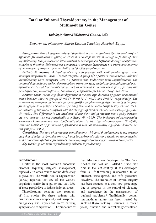 (PDF) Total or Subtotal Thyroidectomy in the Management of Multinodular ...