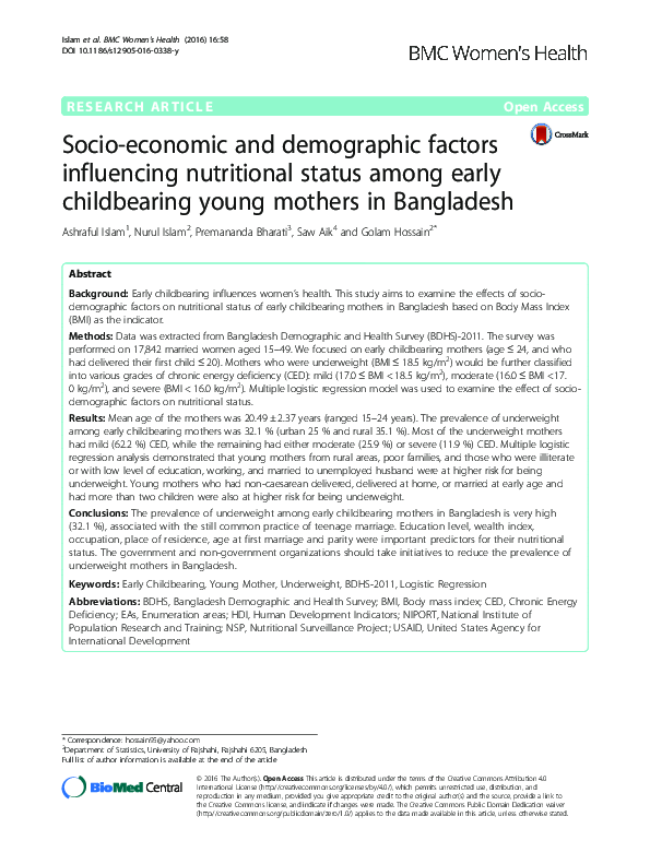 (PDF) Socio-economic and demographic factors influencing nutritional status among early ...