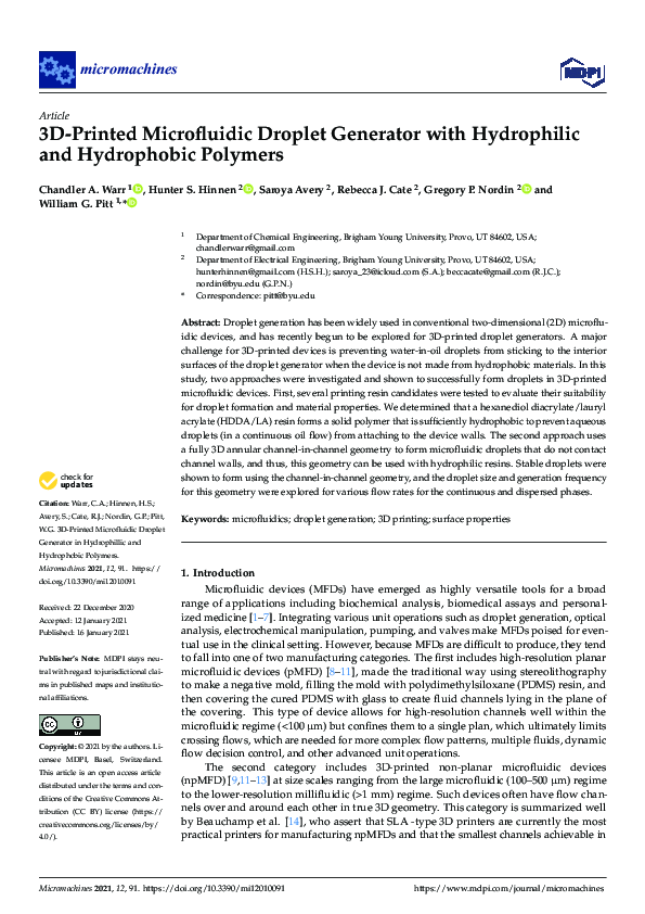(PDF) 3D-Printed Microfluidic Droplet Generator with Hydrophilic and Hydrophobic Polymers ...