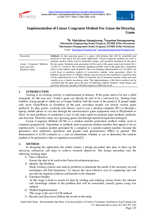 (PDF) Implementation of Linear Congruent Method For Guess the Drawing Game