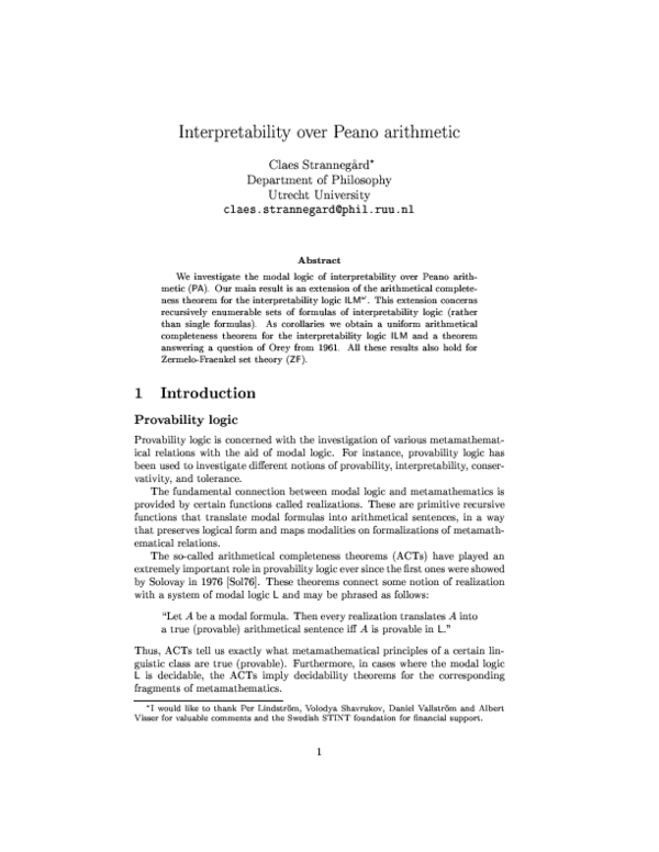 (PDF) Interpretability over peano arithmetic