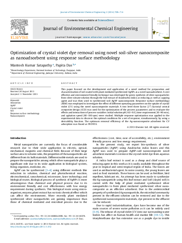 (PDF) Optimization of crystal violet dye removal using novel soil-silver nanocomposite as ...