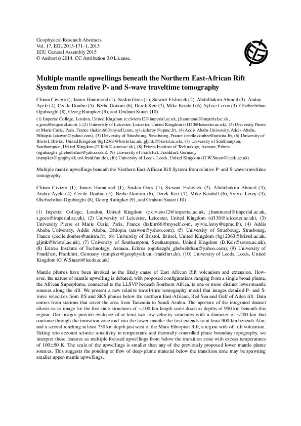 (PDF) Multiple mantle upwellings beneath the Northern East-African Rift System from relative P ...