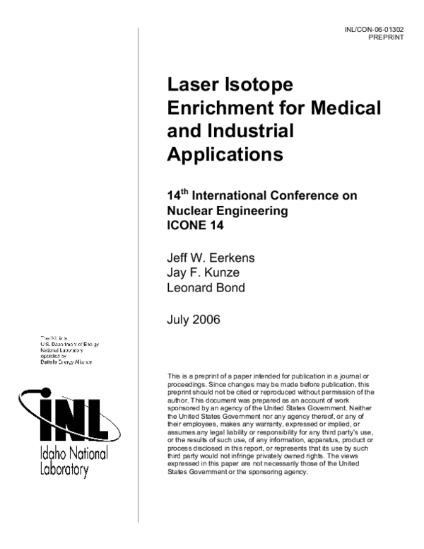 (PDF) Laser Isotope Enrichment for Medical and Industrial Applications