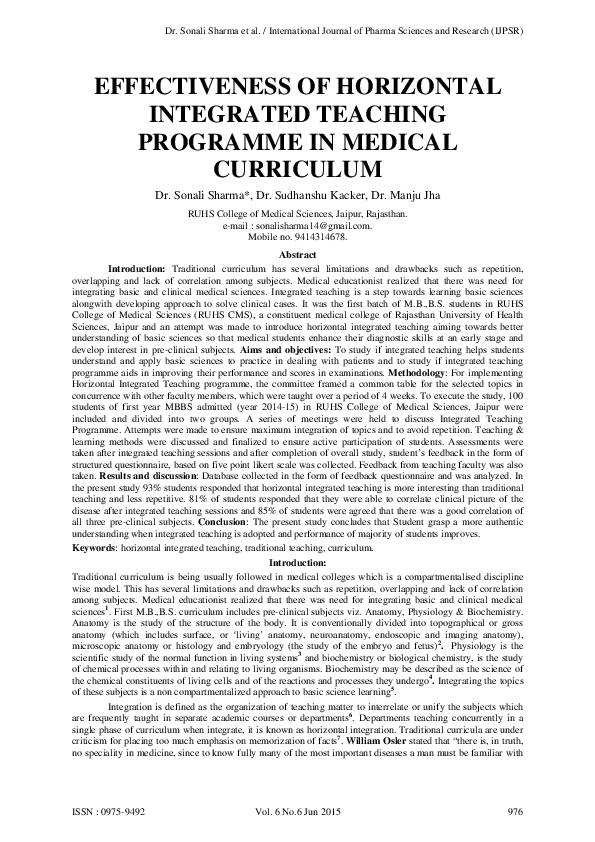 (PDF) Effectiveness of Horizontal Integrated Teaching Programme in ...