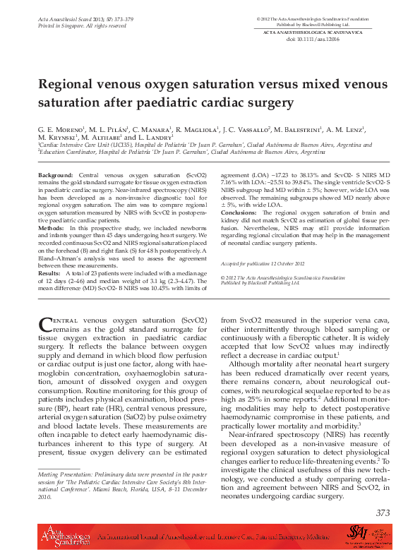 (PDF) Regional venous oxygen saturation versus mixed venous saturation after paediatric cardiac ...