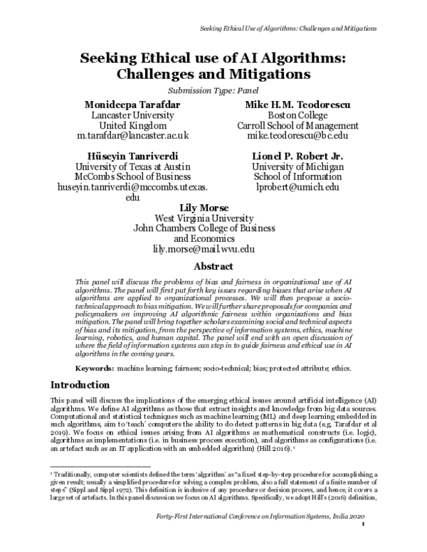 (PDF) Seeking Ethical use of AI Algorithms: Challenges and Mitigations
