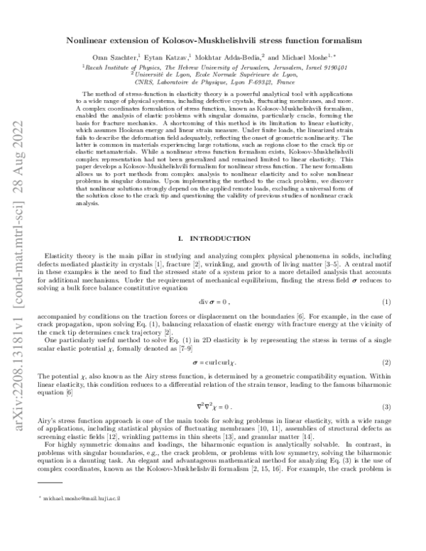 (PDF) Nonlinear extension of the Kolosov-Muskhelishvili stress function formalism | Oran ...