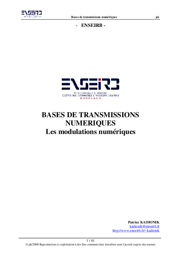 (PDF) BASES DE TRANSMISSIONS NUMERIQUES Les modulations numériques