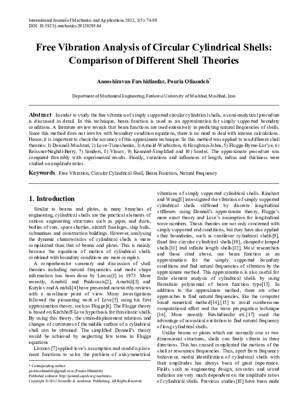 (PDF) Free Vibration Analysis of Circular Cylindrical Shells: Comparison of Different Shell Theories