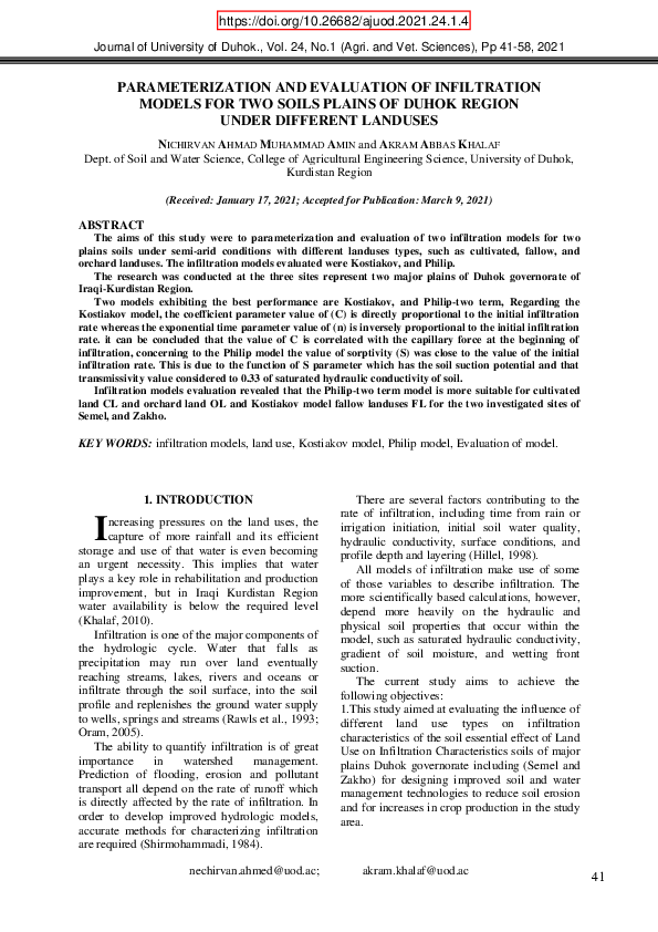 (PDF) Parameterization And Evaluation of Infiltration Models for Two Soils Plains of Duhok ...