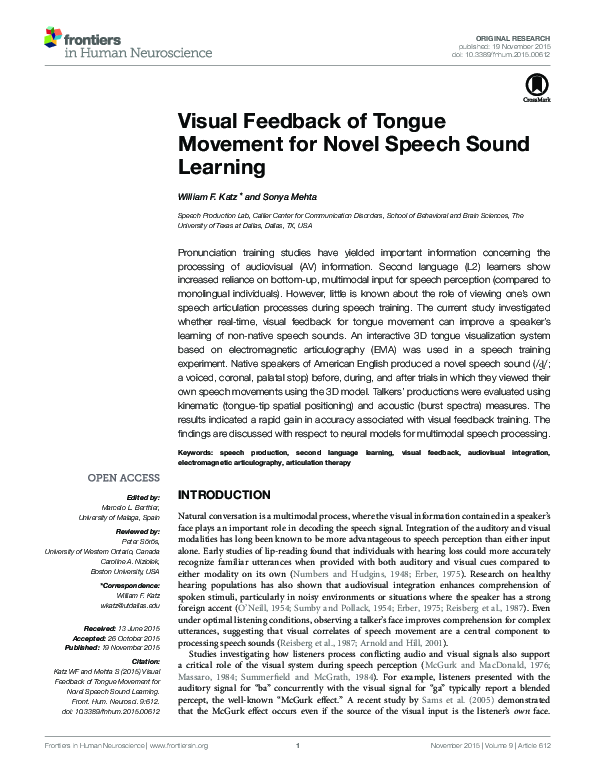 (PDF) Visual Feedback of Tongue Movement for Novel Speech Sound Learning