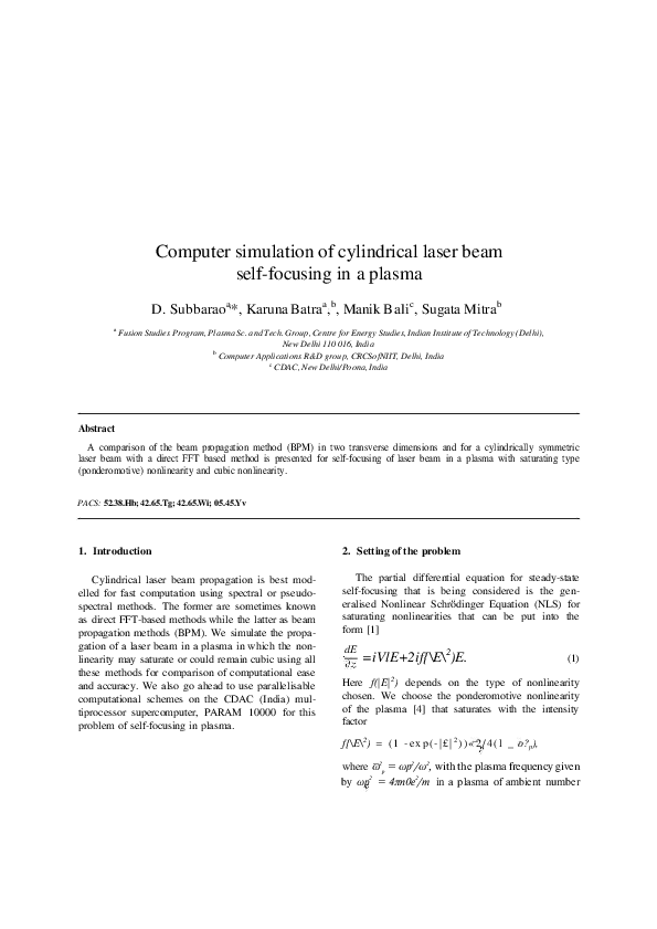 (PDF) Computer simulation of cylindrical laser beam self-focusing in a plasma | Sugata Mitra ...