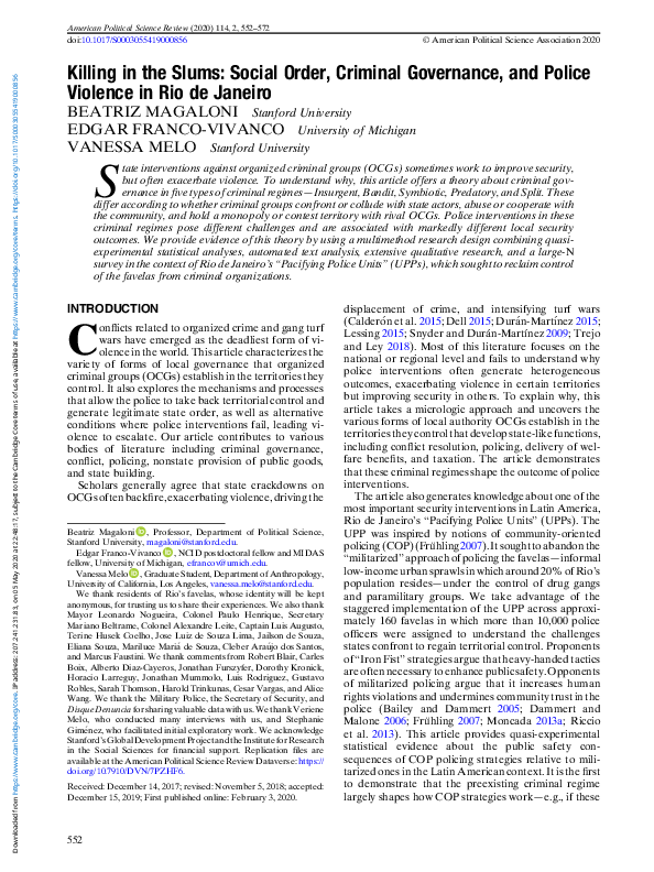(PDF) Killing in the Slums: Social Order, Criminal Governance, and ...