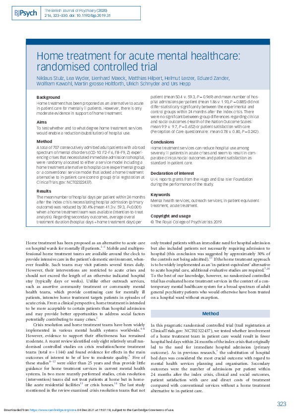 (PDF) Home treatment for acute mental healthcare: randomised controlled ...
