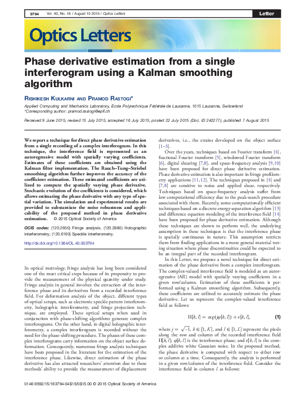 Pdf Phase Derivative Estimation From A Single Interferogram Using A Kalman Smoothing Algorithm