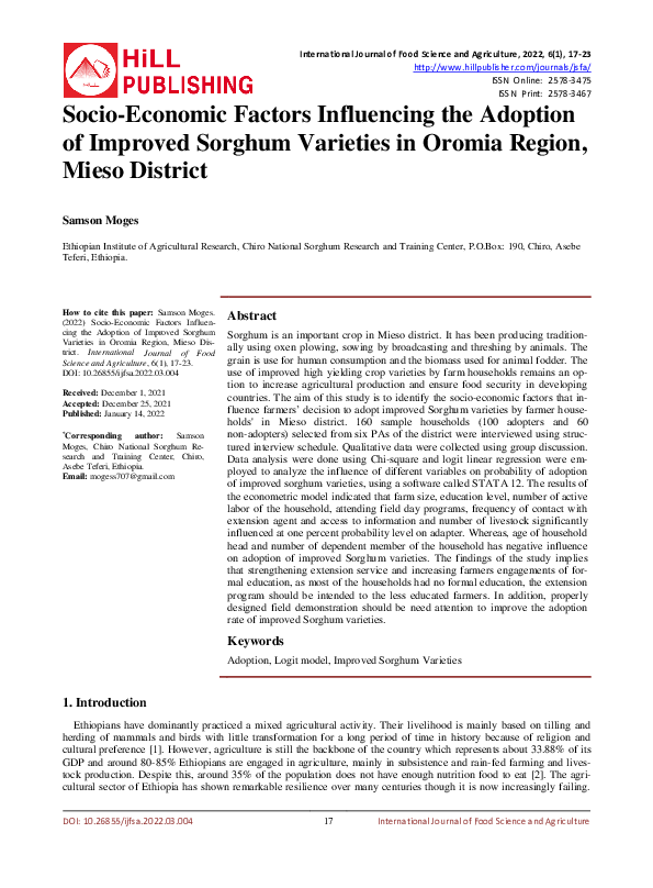 (PDF) Socio-Economic Factors Influencing the Adoption of Improved Sorghum Varieties in Oromia ...