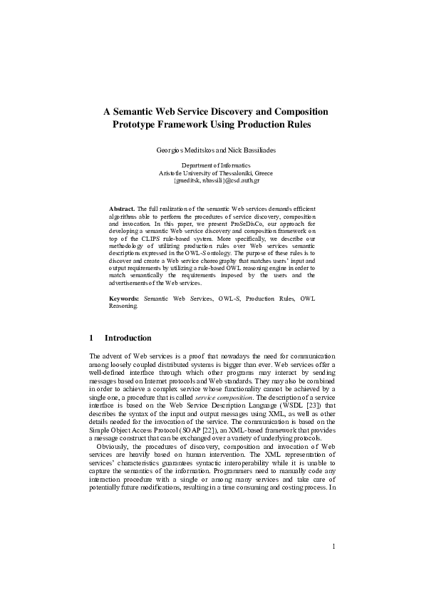 Pdf A Semantic Web Service Discovery And Composition Prototype Framework Using Production Rules