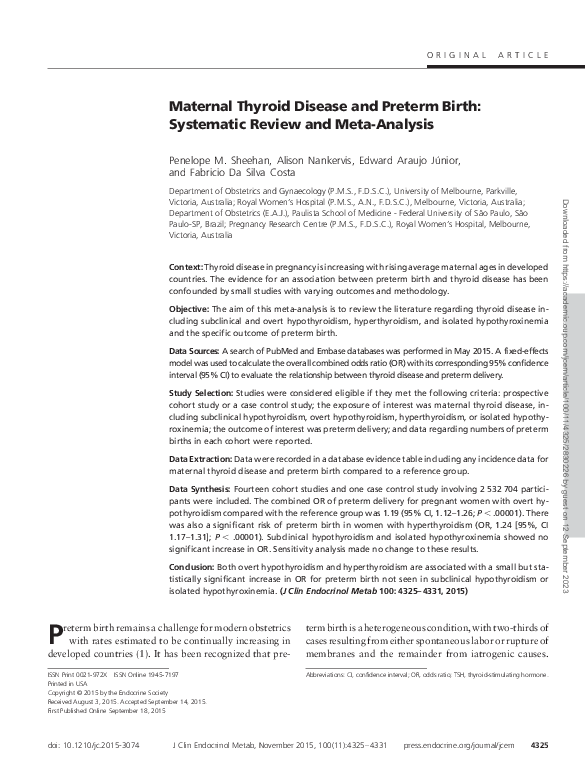 (PDF) Maternal Thyroid Disease and Preterm Birth: Systematic Review and ...