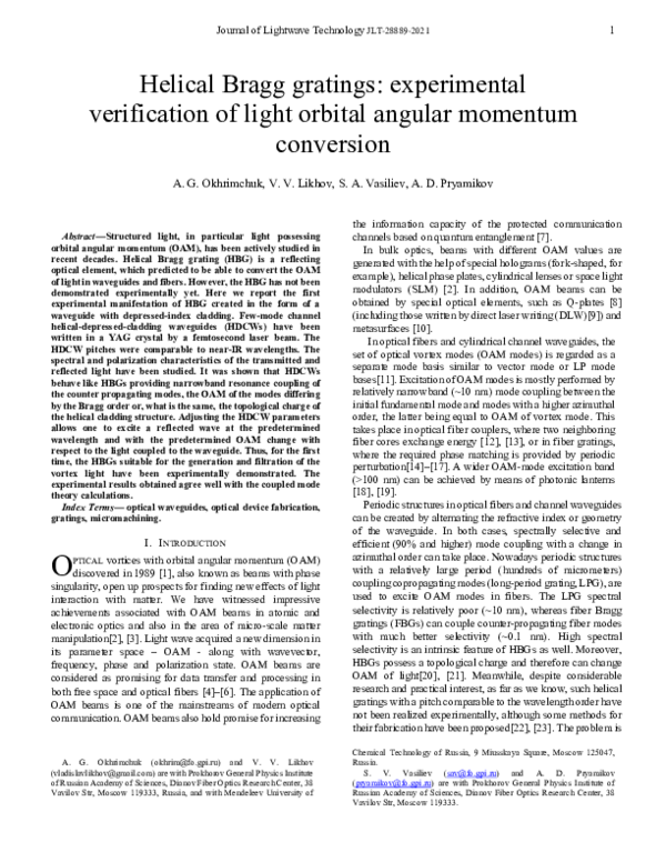 (PDF) Experimental Verification of Helical Bragg Gratings