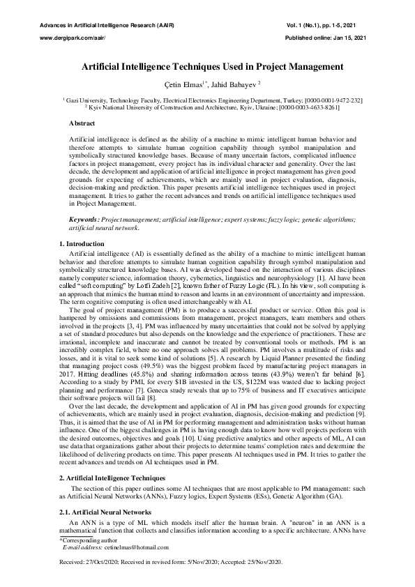 (PDF) Artificial Intelligence Techniques Used in Project Management