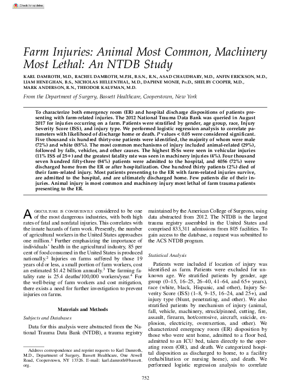 (PDF) Farm Injuries: Animal Most Common, Machinery Most Lethal: An NTDB ...
