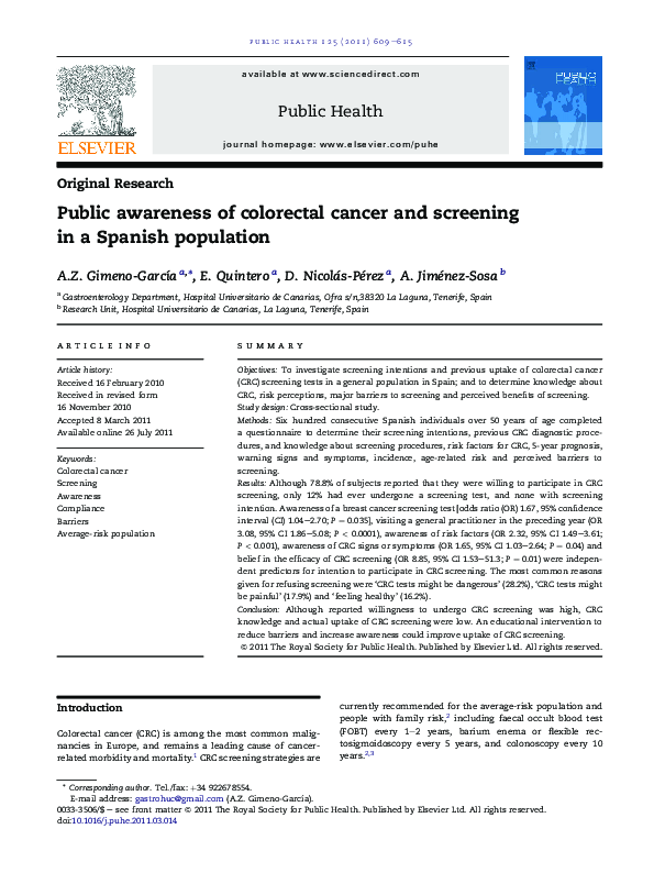 (PDF) Public awareness of colorectal cancer and screening in a Spanish ...