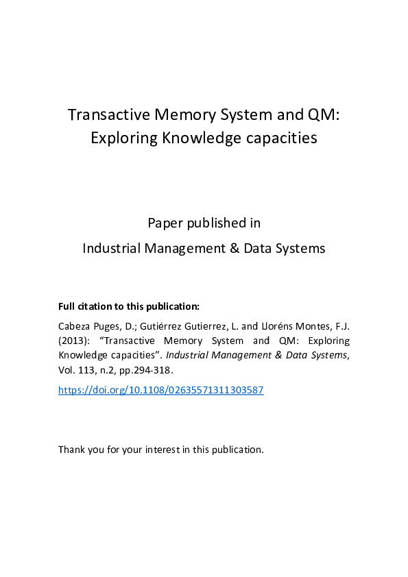 (PDF) Transactive memory system and TQM: exploring knowledge capacities