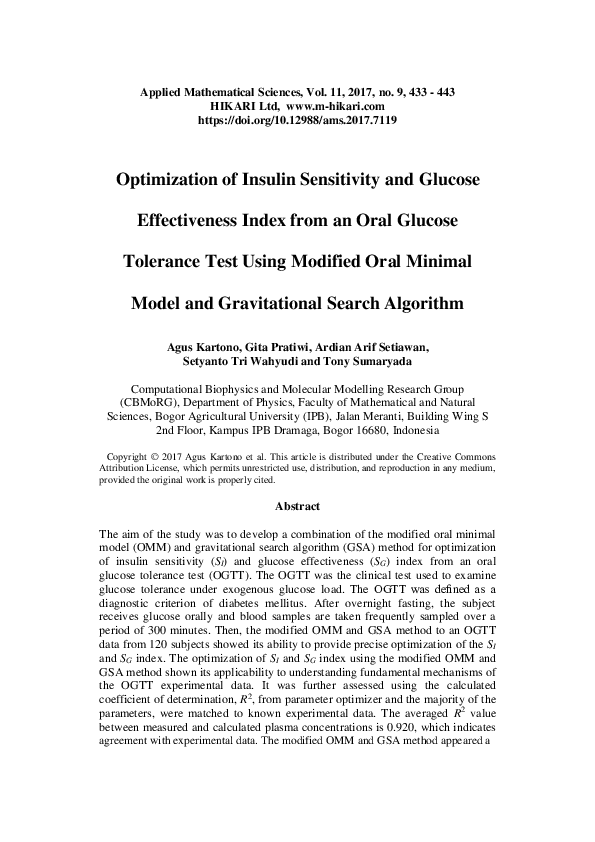 Pdf Optimization Of Insulin Sensitivity And Glucose Effectiveness Index From An Oral Glucose