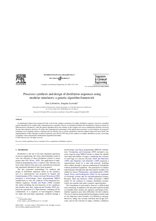 (PDF) Processes synthesis and design of distillation sequences using modular simulators: a ...