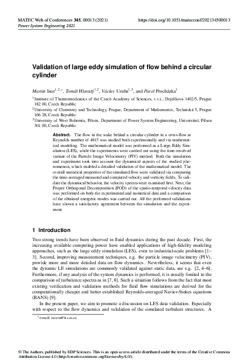 (PDF) Validation of large eddy simulation of flow behind a circular cylinder | Vaclav Uruba ...
