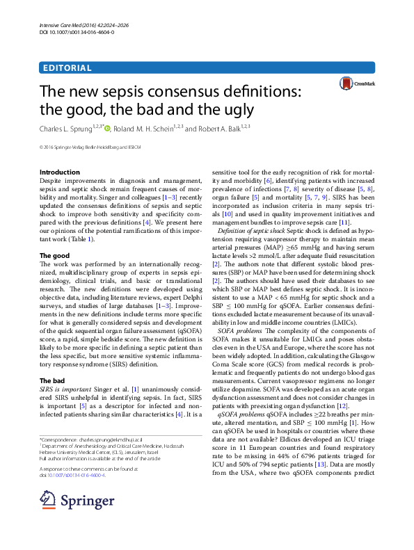 (PDF) The new sepsis consensus definitions: the good, the bad and the ...