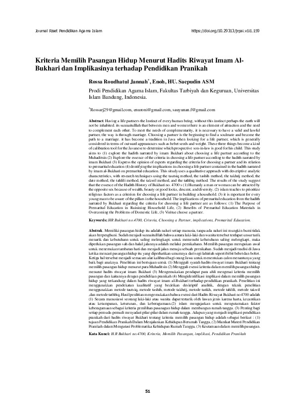 (PDF) Kriteria Memilih Pasangan Hidup Menurut Hadits Riwayat Imam Al-Bukhari dan Implikasinya ...