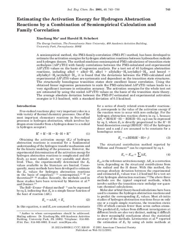 (PDF) Estimating the Activation Energy for Hydrogen Abstraction Reactions by a Combination of ...