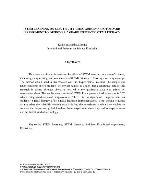 (PDF) STEM Learning on Electricity using Arduino-Protoboard Experiment to Improve 8th Grade ...