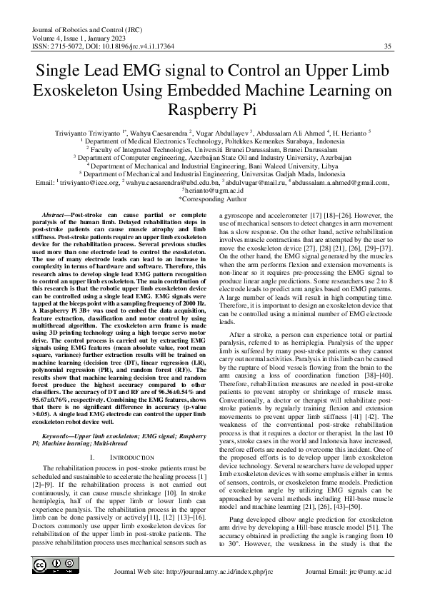 (PDF) Single Lead EMG signal to Control an Upper Limb Exoskeleton Using ...