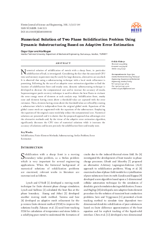 Pdf Numerical Solution Of Two Phase Solidification Problem Using Dynamic Substructuring Based